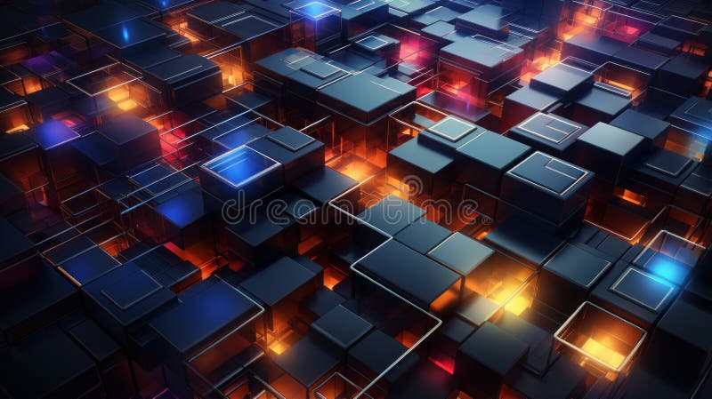 Futuristic Network: Glowing Neon Cubes in Cyber Space Stock ...
