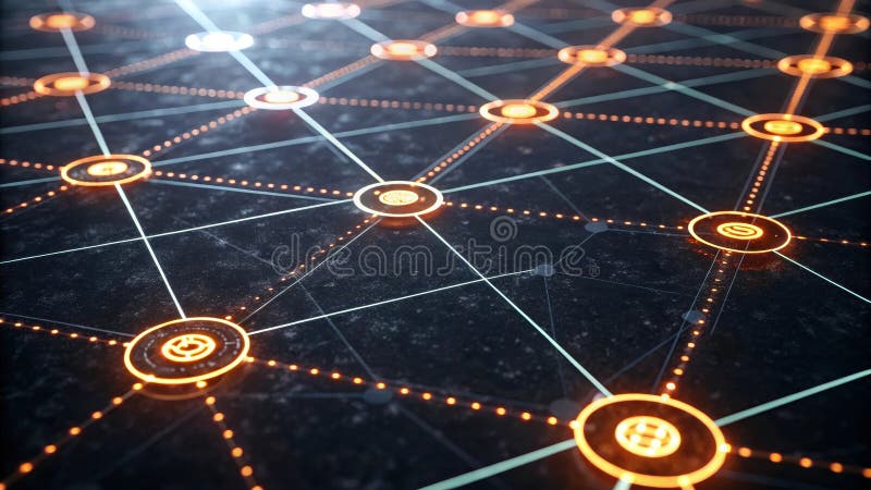 Futuristic Network Grid with Glowing Connections on Dark Surface Stock ...