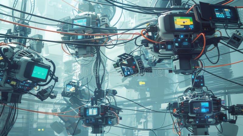 Futuristic Network Hub with Advanced Computers and Cables Stock Image ...