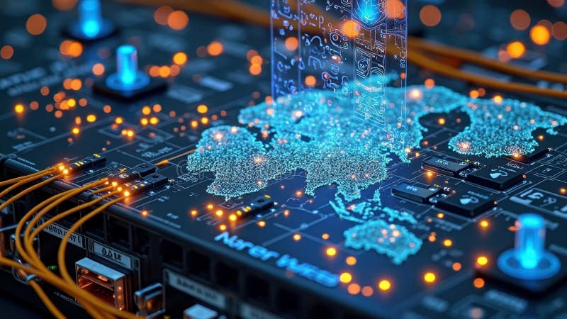 Futuristic Network Hub with Digital World Map and Glowing Connections ...