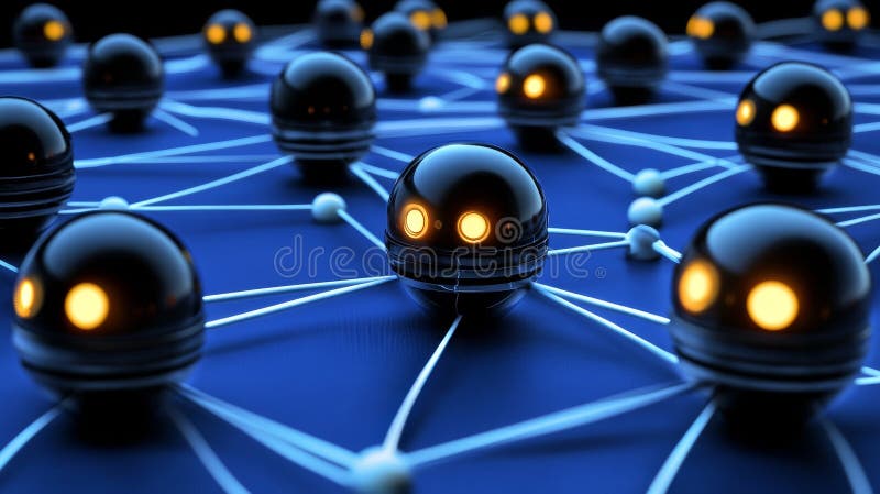 A Futuristic Network of Interconnected Robots Situated on a Dark Blue ...