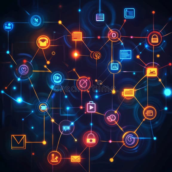 Futuristic Network with Neon Icons and Connected Digital Nodes Stock ...