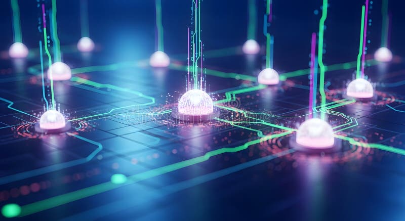 Futuristic Network Nodes with Glowing Light Beams and Circuit ...