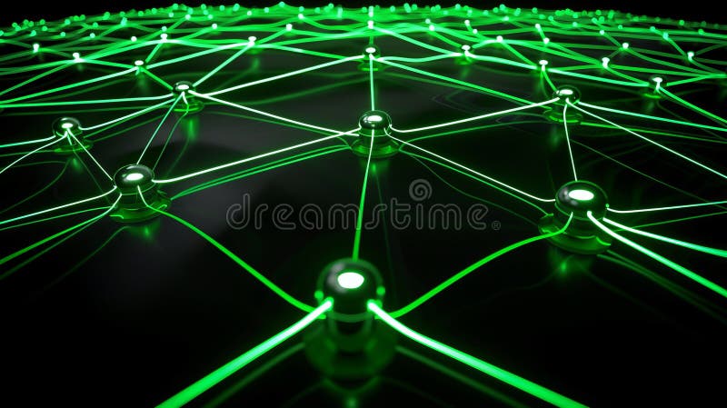 Futuristic Network Nodes with Green Light Trails - Connecting Technology Concept Stock ...