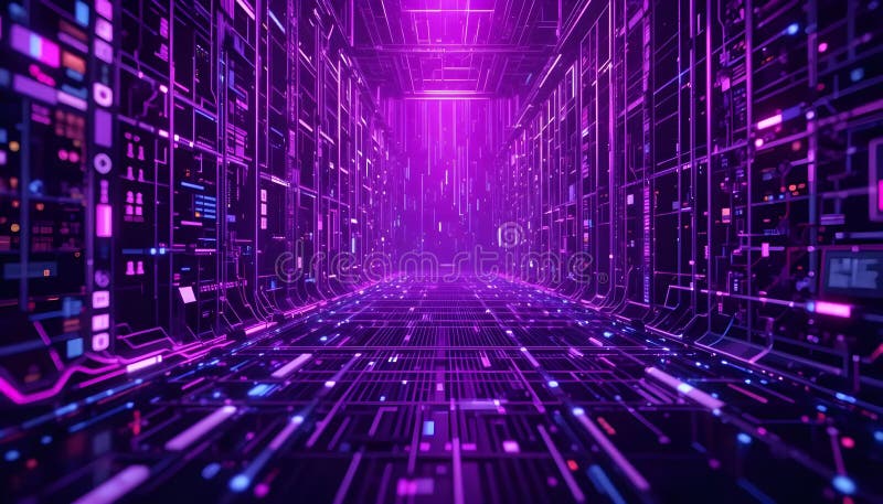 Futuristic Network Purple Technology Backdrop with Neon Big Data ...