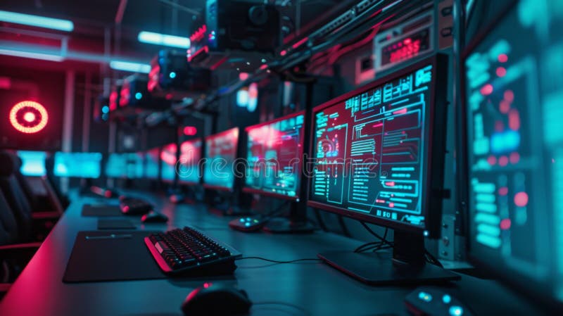 Futuristic Network Security Room with Glowing Monitors Stock Photo ...