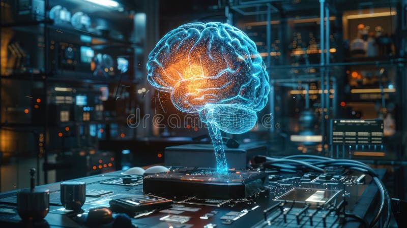 Futuristic Neural AI Brain in Factory Lab: Researching Technology ...