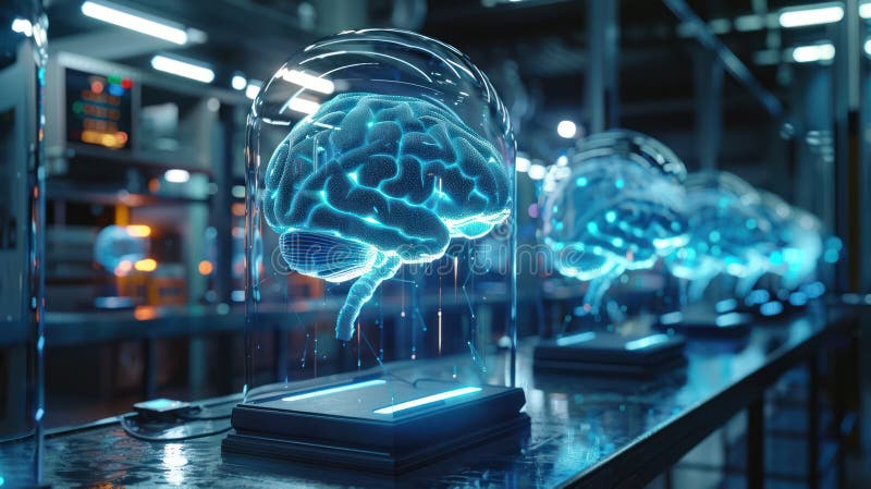 Futuristic Neural AI Brain in Factory Lab: Researching Technology ...