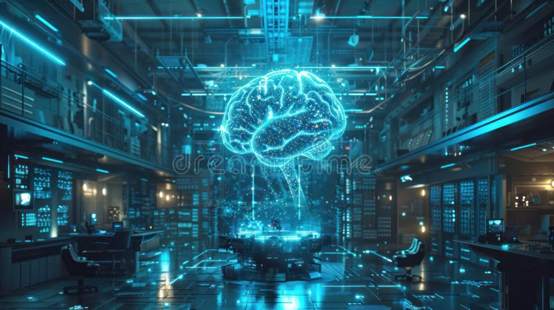 Futuristic Neural AI Brain in Factory Lab: Researching Technology ...