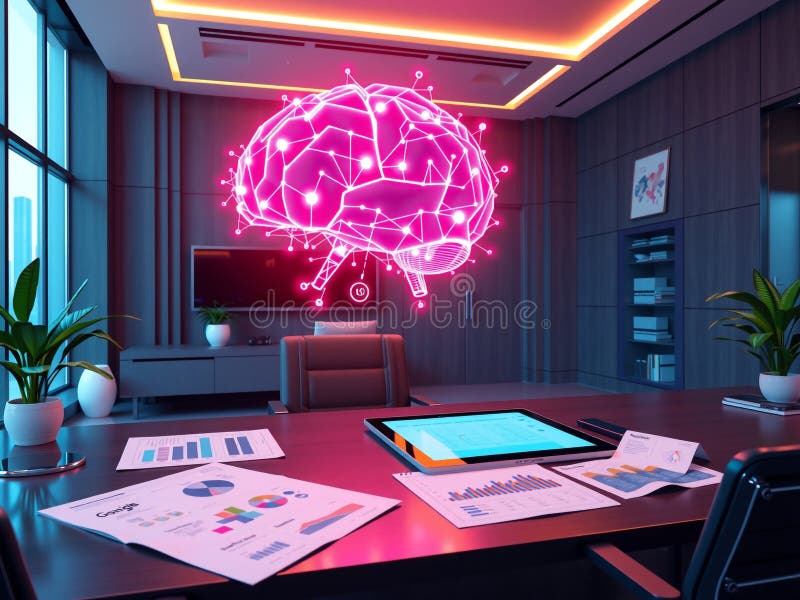 Futuristic Neural Brain Hovering Above Workplace Technology Setup in AI ...