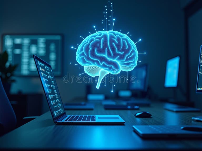 Futuristic Neural Brain Hovering Above Workplace Technology Setup in AI-driven Business ...