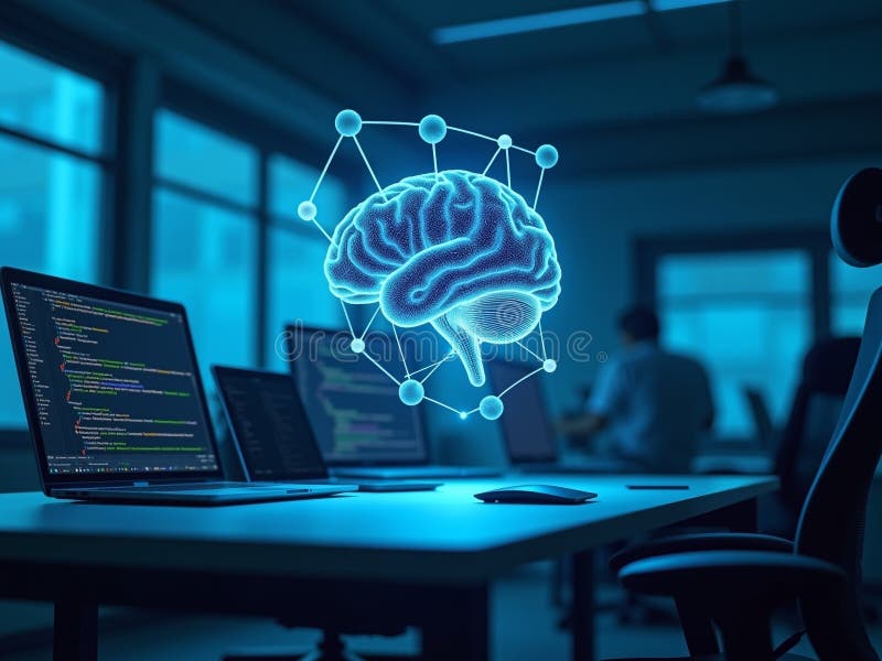 Futuristic Neural Brain Hovering Above Workplace Technology Setup in AI ...