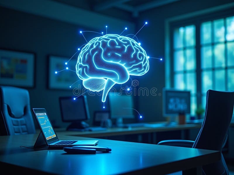 Futuristic Neural Brain Hovering Above Workplace Technology Setup in AI ...