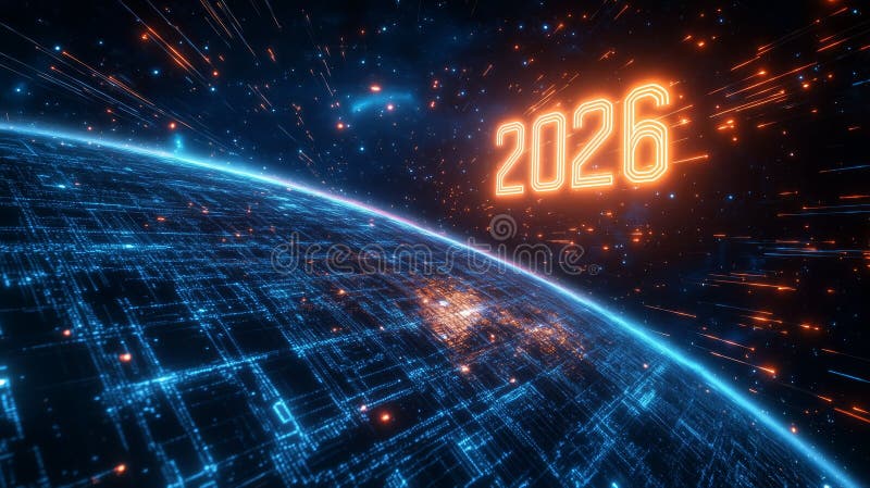 Futuristic New Year 2026 Background with Glowing Neon Numbers Over ...