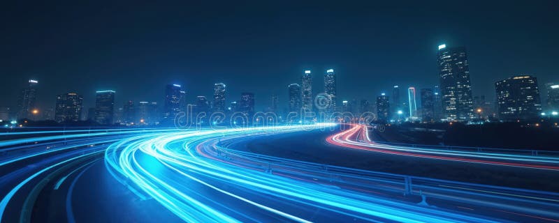 Futuristic Night City Panorama with Glowing Blue Light Trails on ...