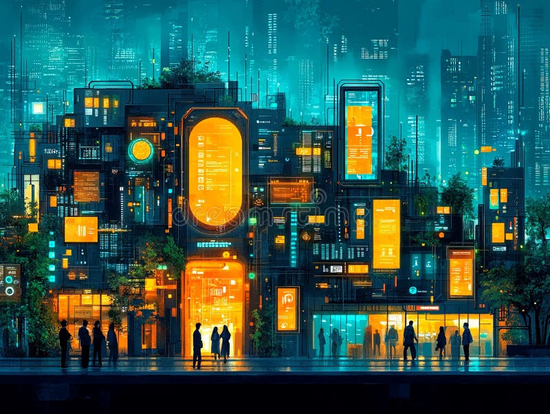 Futuristic Night Cityscape with Complex Architecture, Orange and Blue ...