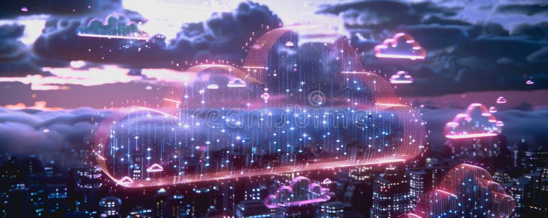 Futuristic Night Cityscape with Glowing Digital Cloud, Network Lines ...