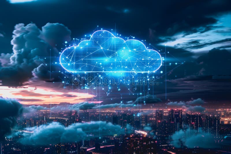 Futuristic Night Cityscape with Glowing Digital Cloud, Network Lines ...