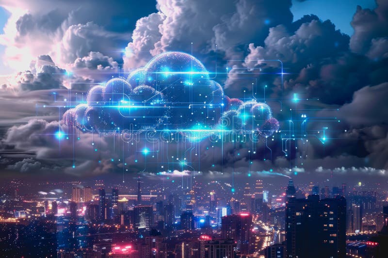 Futuristic Night Cityscape with Glowing Digital Cloud, Network Lines ...