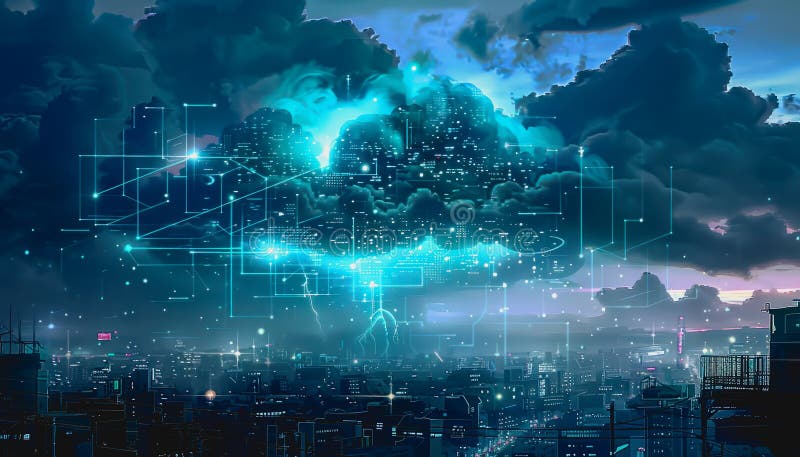 Futuristic Night Cityscape with Glowing Digital Cloud, Network Lines ...