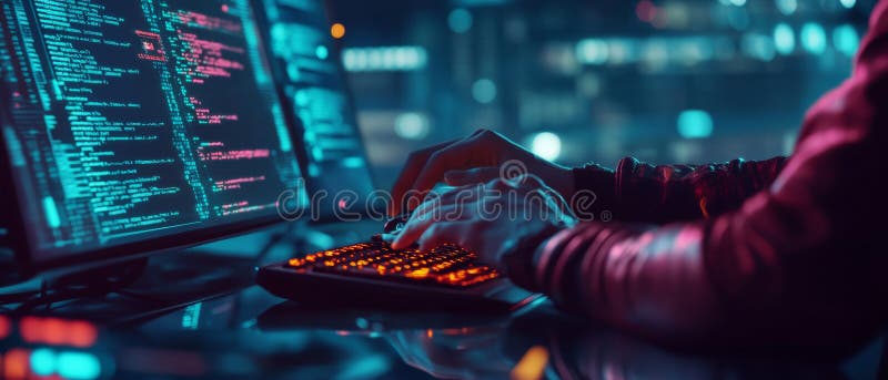 Futuristic Night Coding with Data Visualizations Stock Illustration ...