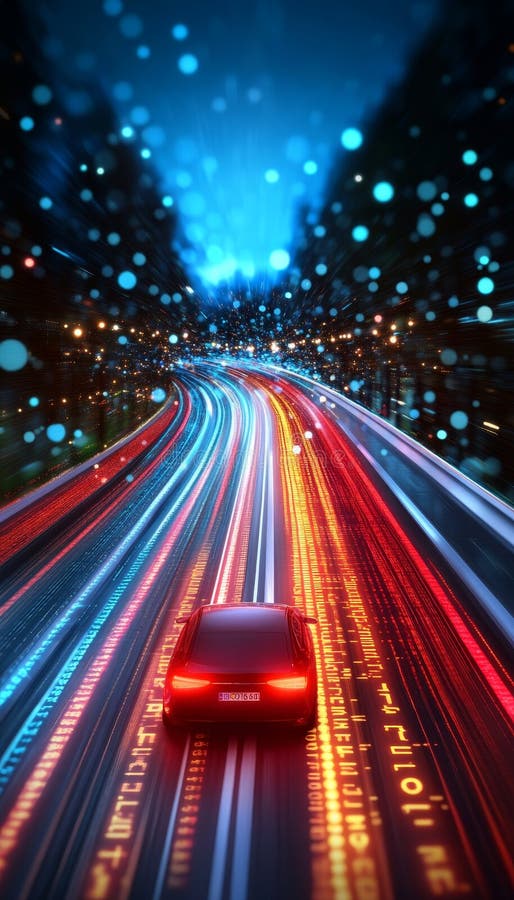 Futuristic Night Drive with Light Trails and Binary Code, Concept of ...