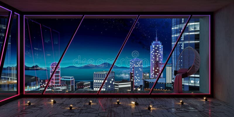 Futuristic Night Interior with Big Window on the City Stock ...