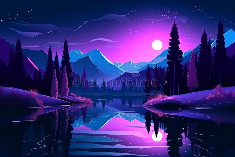 Futuristic Night Landscape. Dark Forest, River, Mountains, Reflection ...