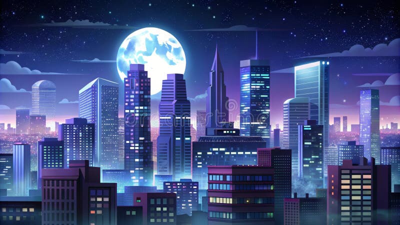 Futuristic Night Skyline with Neon Lights and Full Moon Stock Image ...