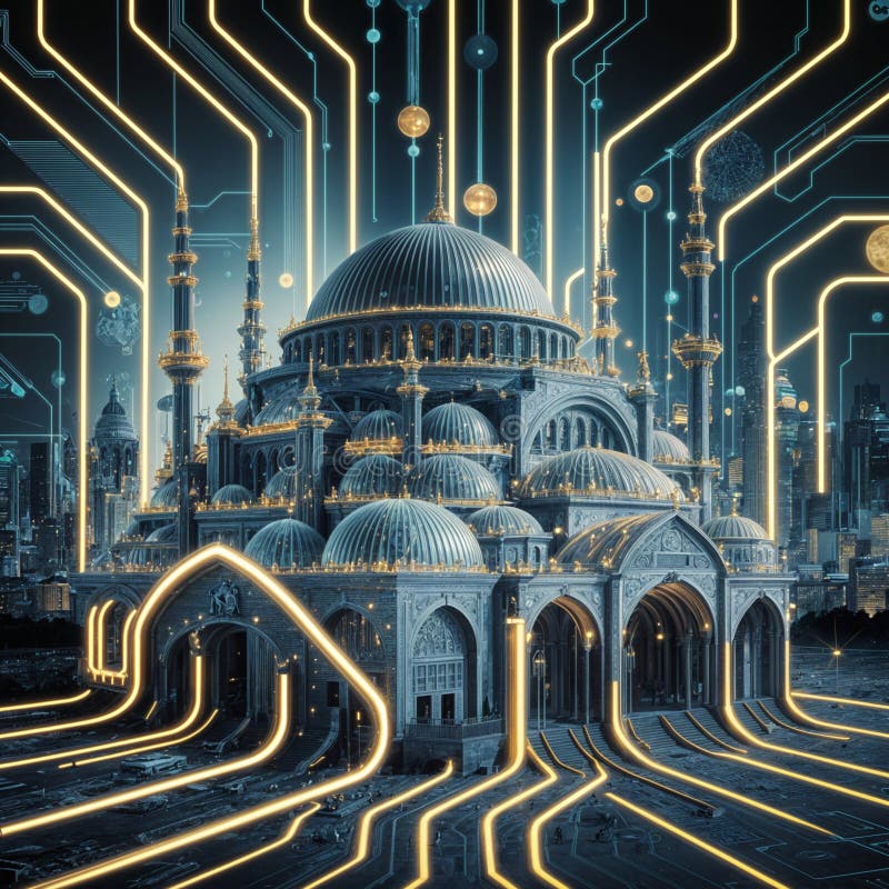 Futuristic Night-Time Cityscape with Mosque Stock Illustration ...