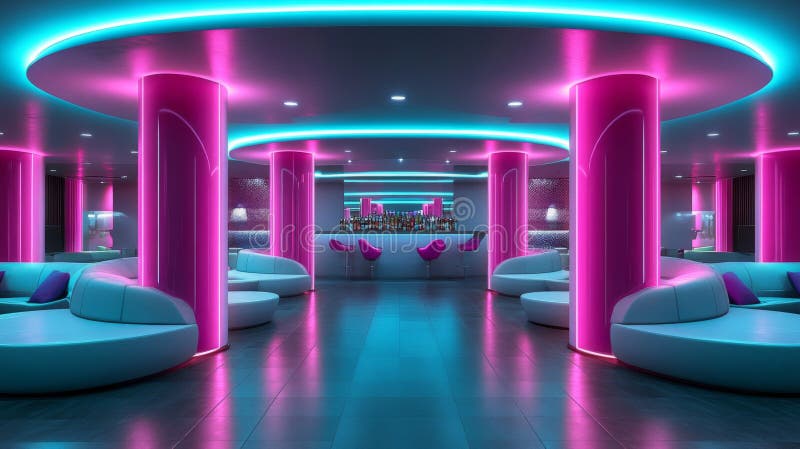 Futuristic Nightclub Interior with Pink and Blue Neon Lighting Stock ...