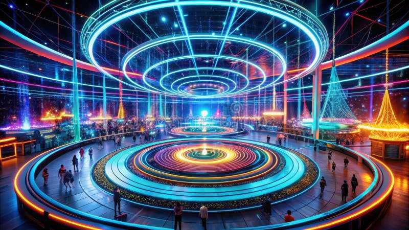 Futuristic Nightscape Illuminated Plaza with Dynamic Light Displays and ...