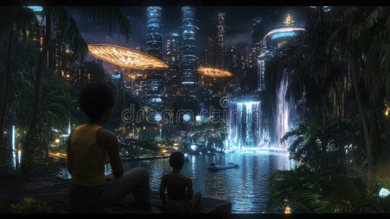 Futuristic Nightscape Urban City Digital Art Lush Environment Observer ...