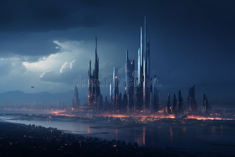 Futuristic Nighttime: City Skyline in the Future Stock Illustration ...