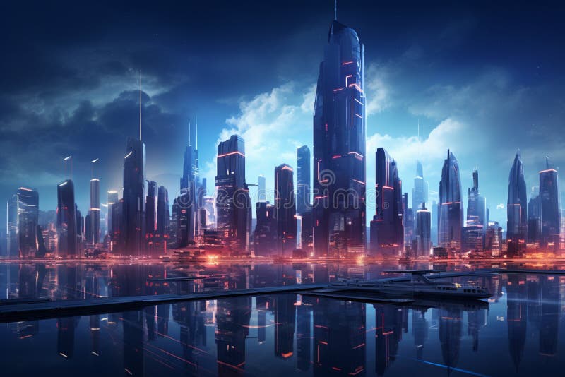 Futuristic Nighttime: City Skyline in the Future Stock Illustration ...