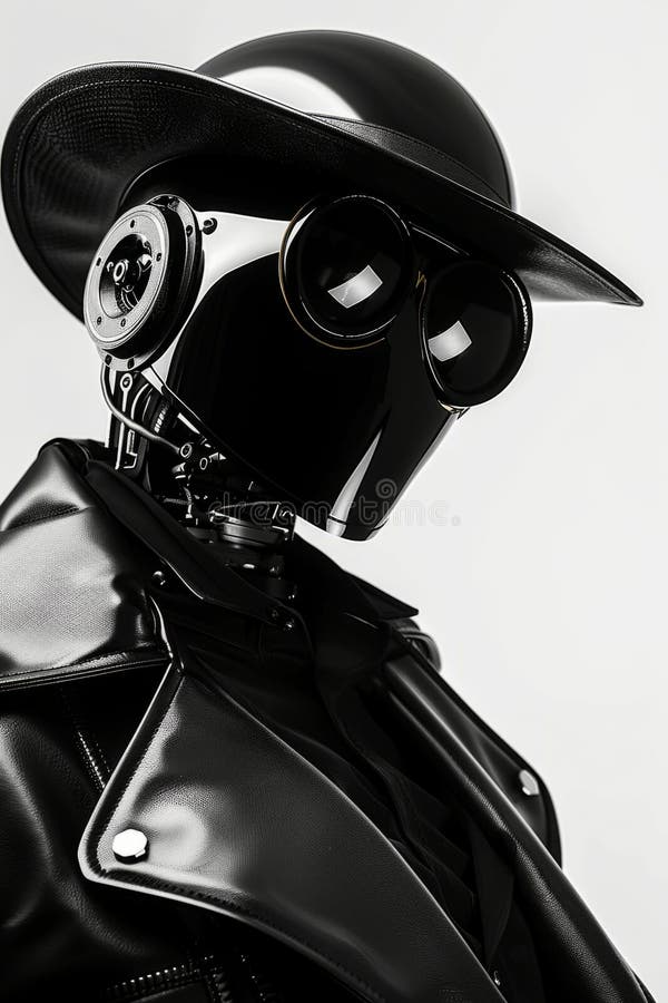Futuristic Noir Robot in Stylish Hat and Sunglasses on a Monochrome ...