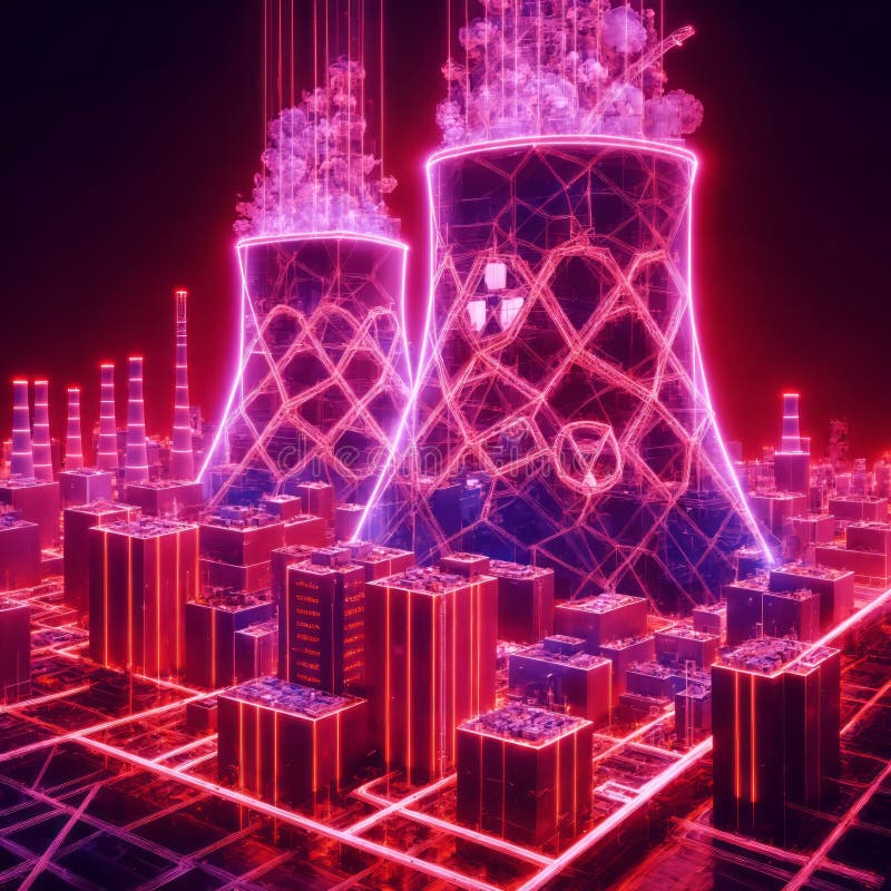 Nuclear Power Plant. 3D Rendering. Neon Lights. Technology Background ...