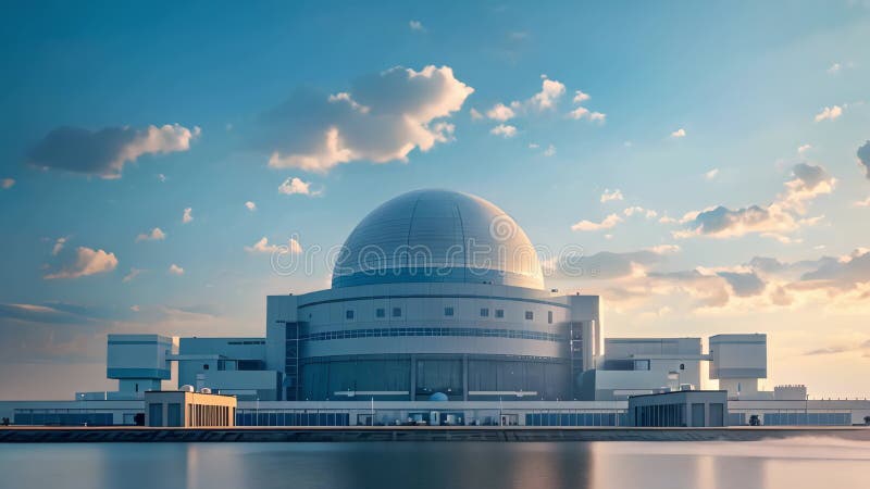 Futuristic Nuclear Power Station from the Front View with a River ...