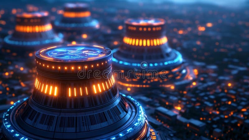 Futuristic Nuclear Power Station with Glowing Lights and Energy Sources ...