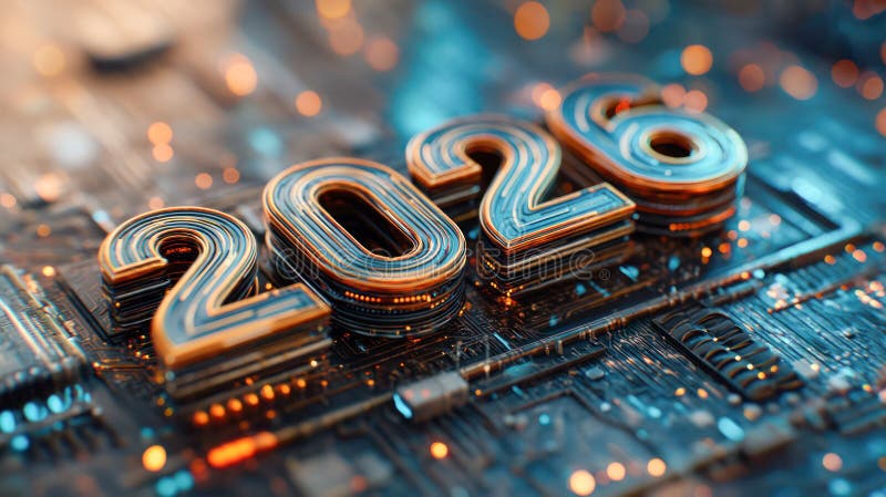 2026 Futuristic Numbers Displayed on a Circuit Board with Glowing ...
