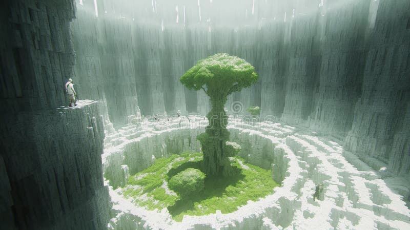 Futuristic Oasis: Green Tree in Stone Maze Stock Illustration ...