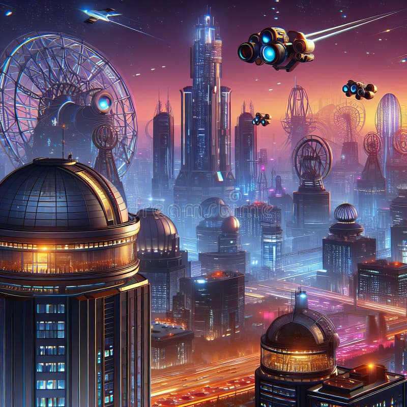 Futuristic Observatory City a Skyline Featuring Observatories Stock ...