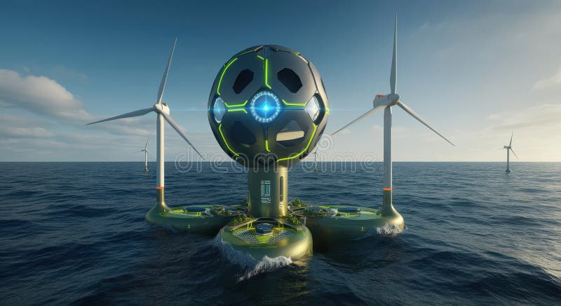 A Futuristic Ocean Scene Features a Floating Renewable Energy Structure ...
