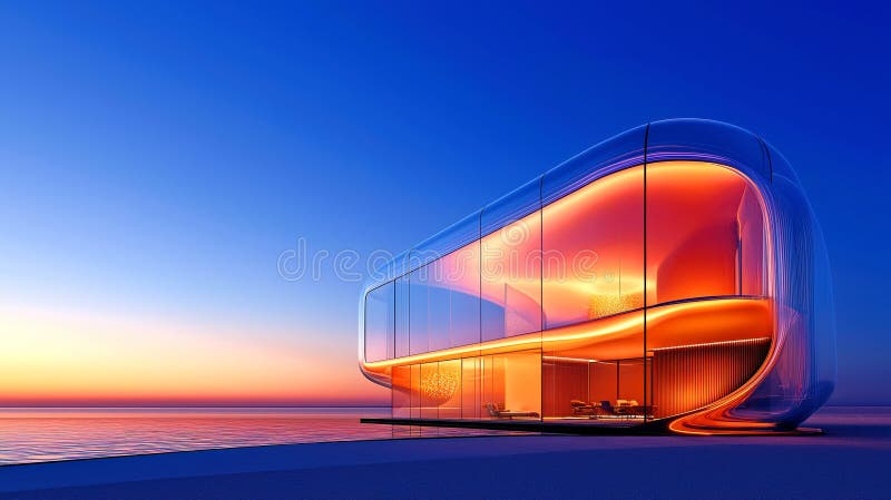 Futuristic Oceanfront Architecture at Sunset with Vibrant Lighting ...