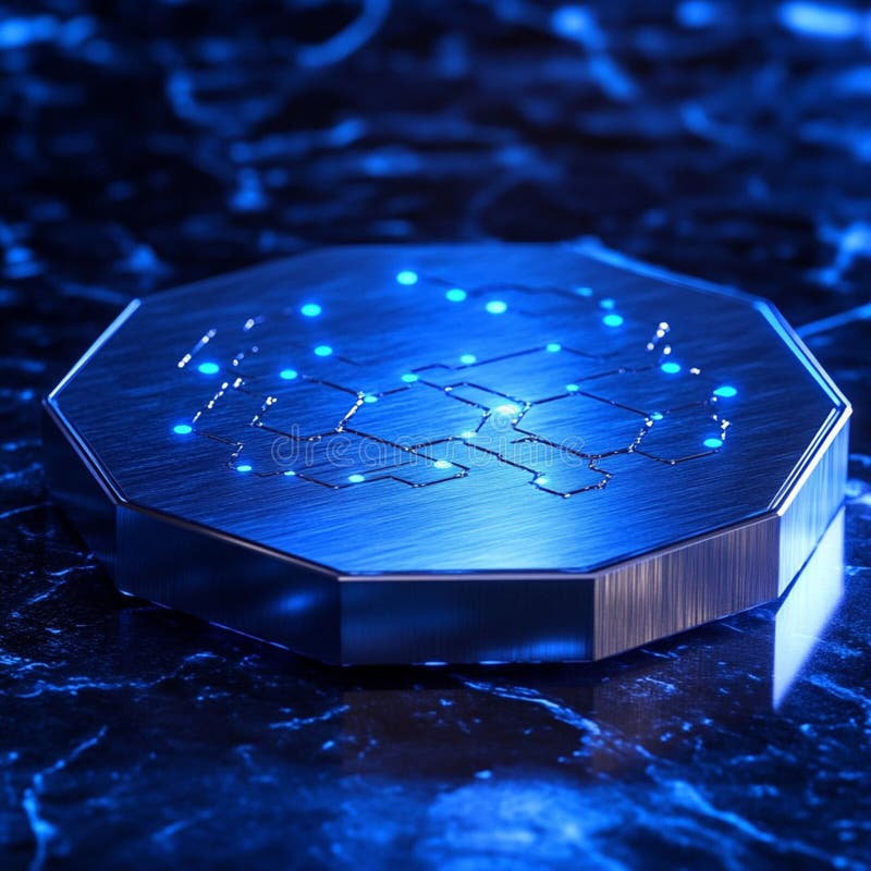 Futuristic Octagonal Cybernetic Device with Glowing Blue Circuit ...
