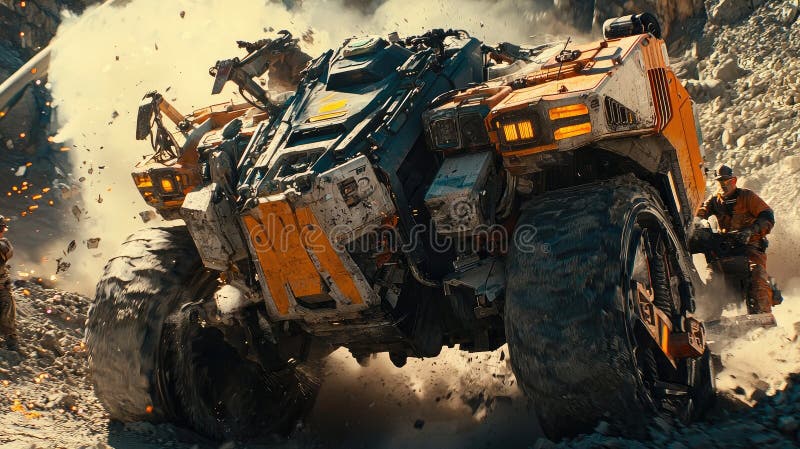 Futuristic Off Road Vehicle in Action on a Dusty Road Stock ...
