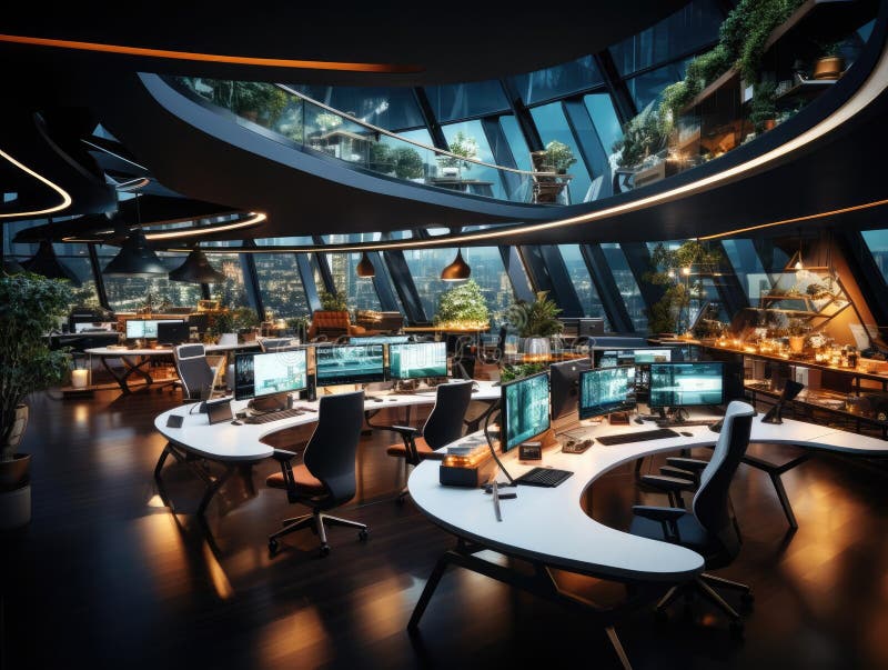 Futuristic Office with Adjustable Lights and VR Workstations Stock ...