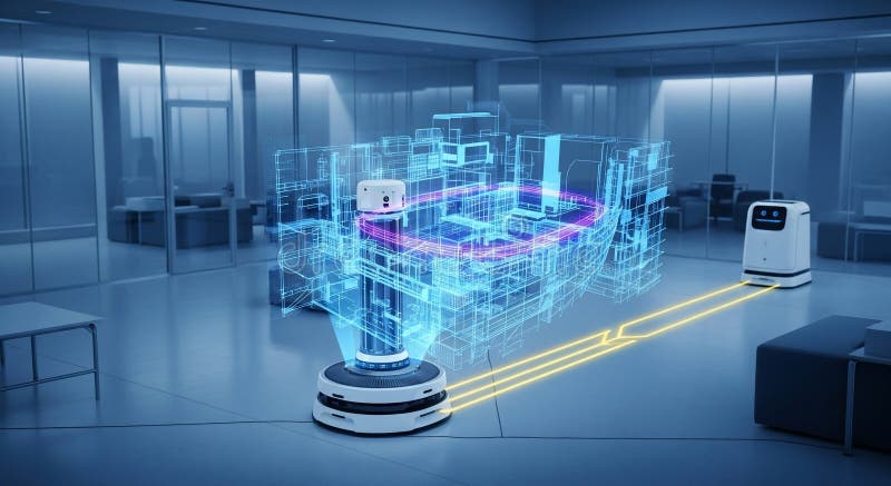 Futuristic Office: AI Robot Navigating Holographic Data Visualization ...