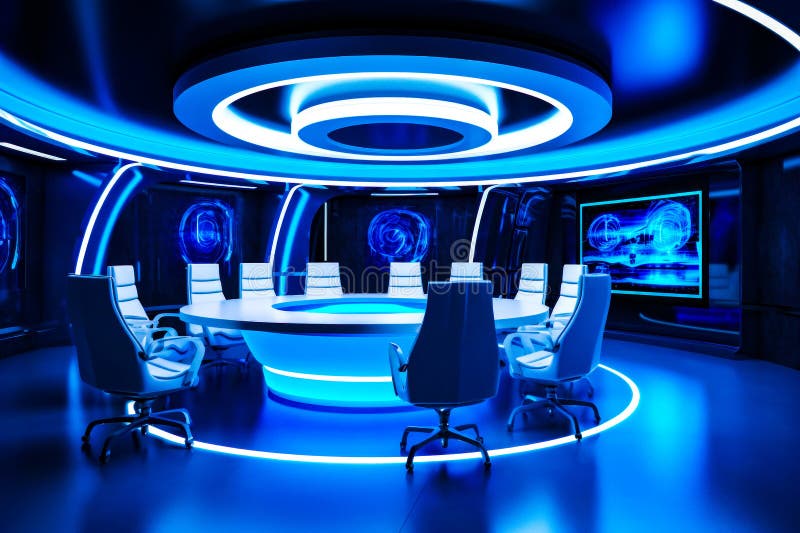 Futuristic Office with Blue Lighting and Round Table in the Middle of ...