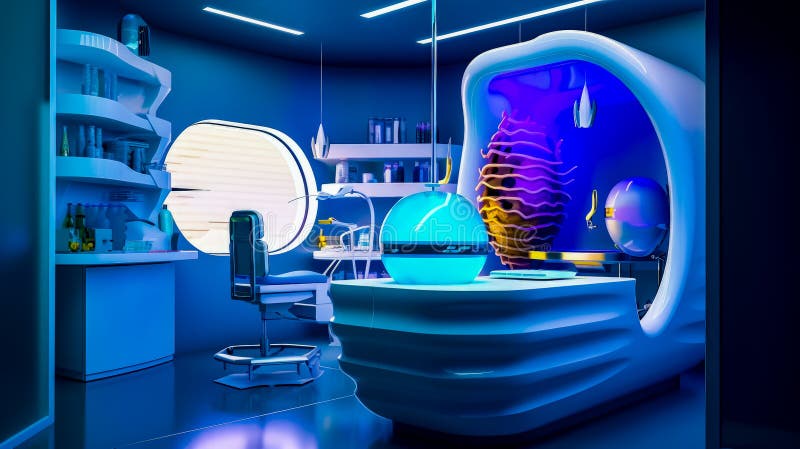 Futuristic Office with Blue and Purple Color Scheme and Futuristic Desk ...